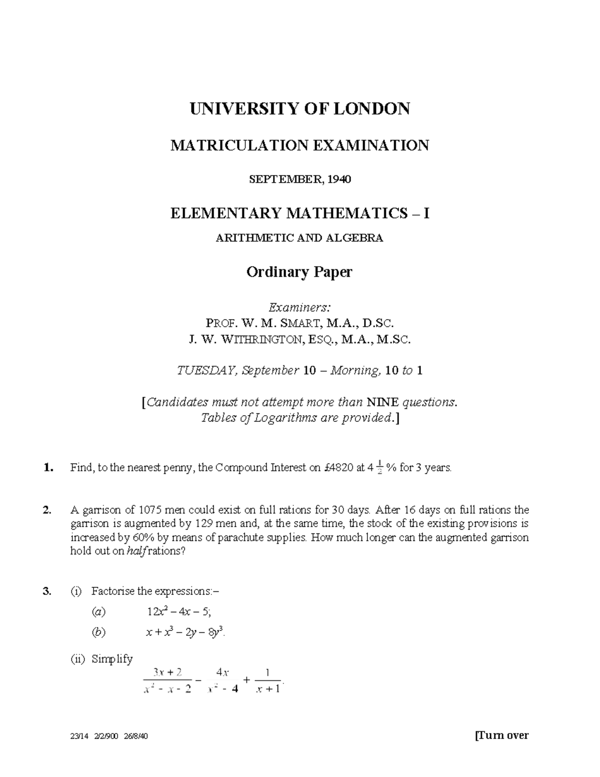 O Level Maths 06: 1940 Matriculation Exam Paper 1 - Studocu