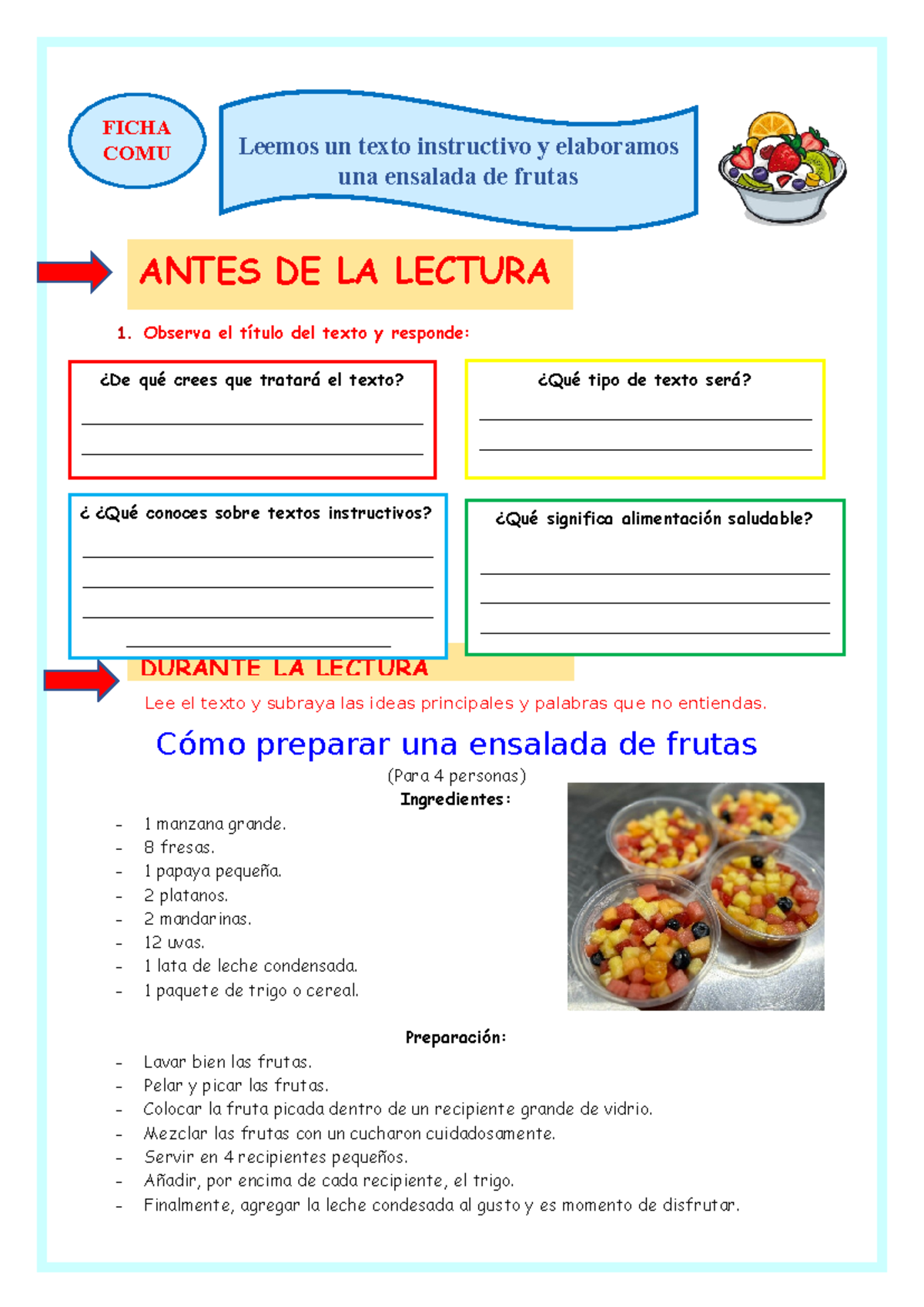 Ficha COMU LUN 8: Instrucciones para Hacer Ensalada de Frutas - Studocu