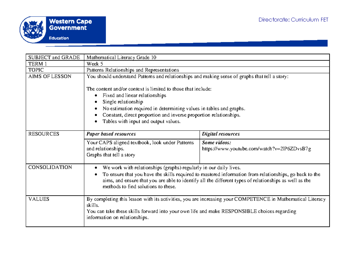 ML Grade 10 Patterns & Relationships Lesson Plan Notes - Studocu