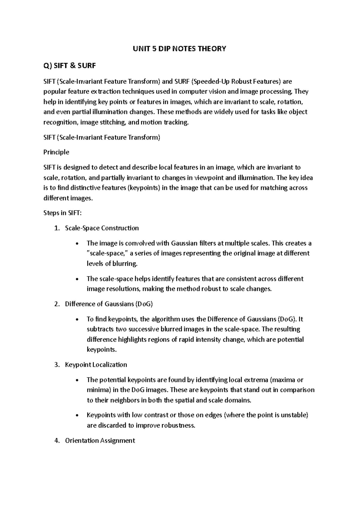 UNIT 5 DIP Notes: SIFT, SURF, ANN, CNN, and SVM Techniques - Studocu