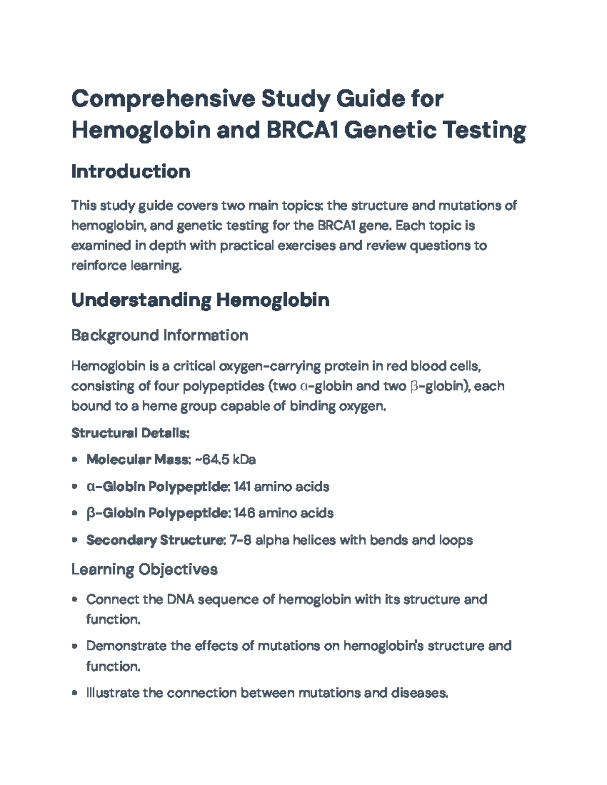 Comprehensive Study Guide: Hemoglobin Structure & BRCA1 Testing ...