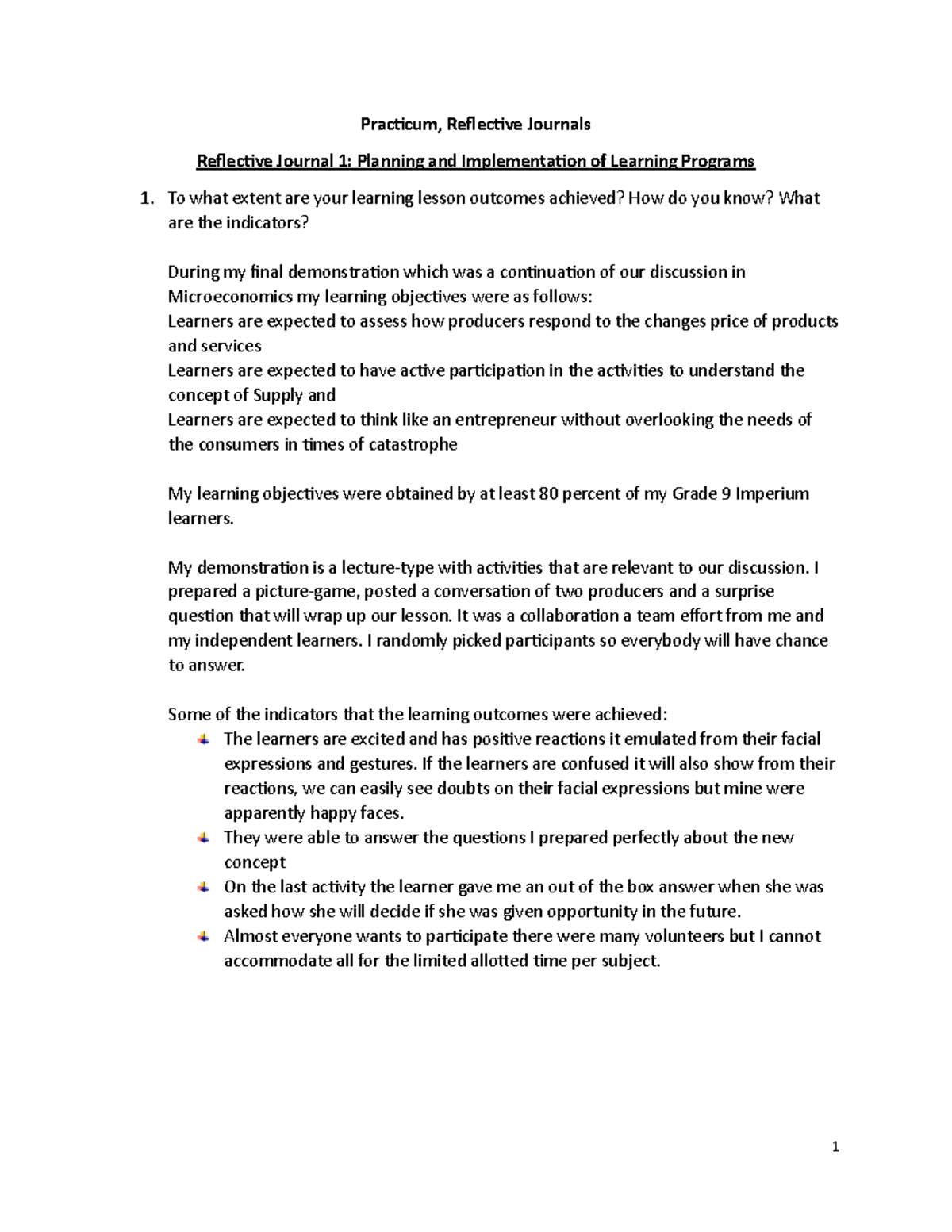 Reflective Journal - Practicum Insights for Grade 9 IMPERIUM Class ...