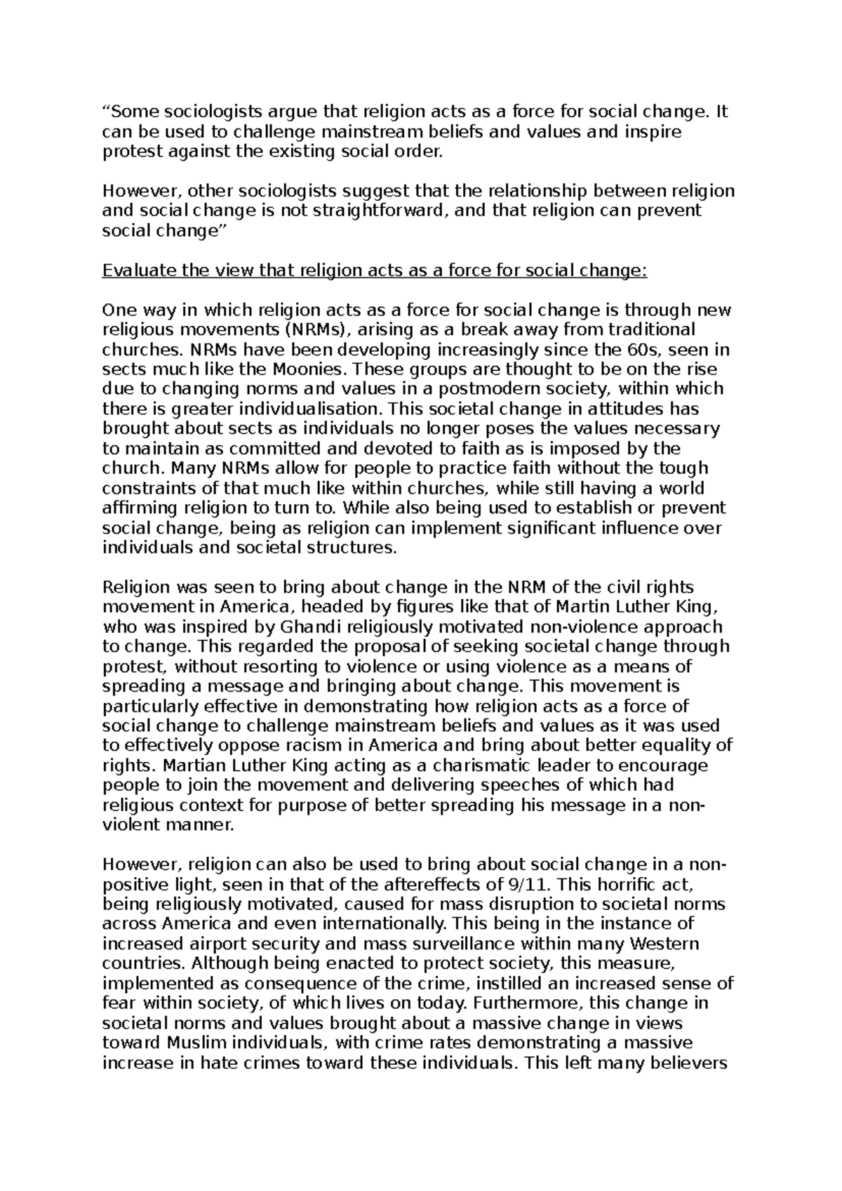 Sociology Religion 20 Marker: Evaluating Religion as a Force for Social ...
