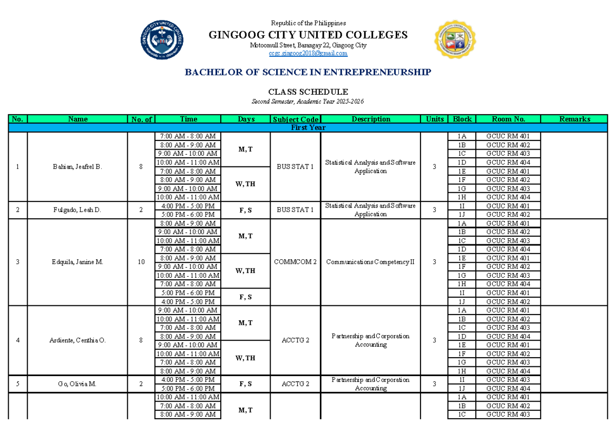 BSE Entrepreneurship Class Schedule - 2nd Sem AY 2023-2024 - Studocu