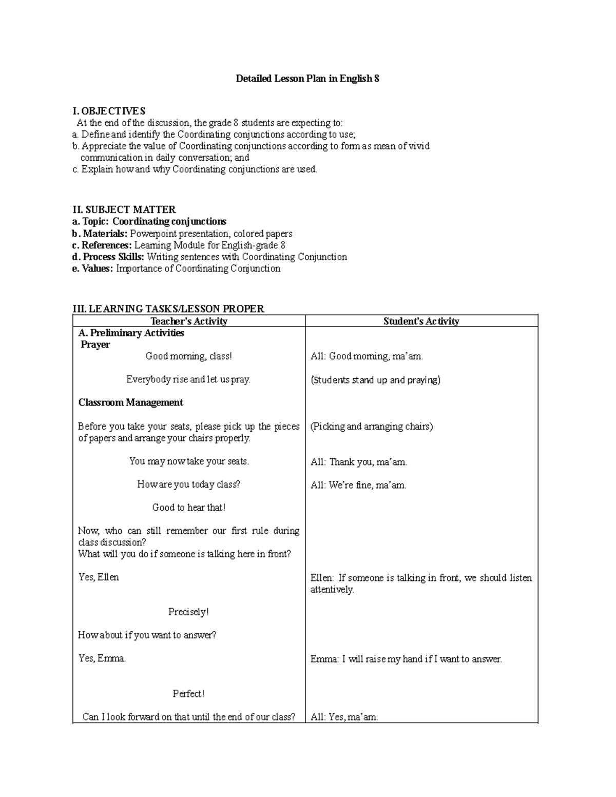 Final Lesson Plan: English 8 on Coordinating Conjunctions (Mary Joy ...