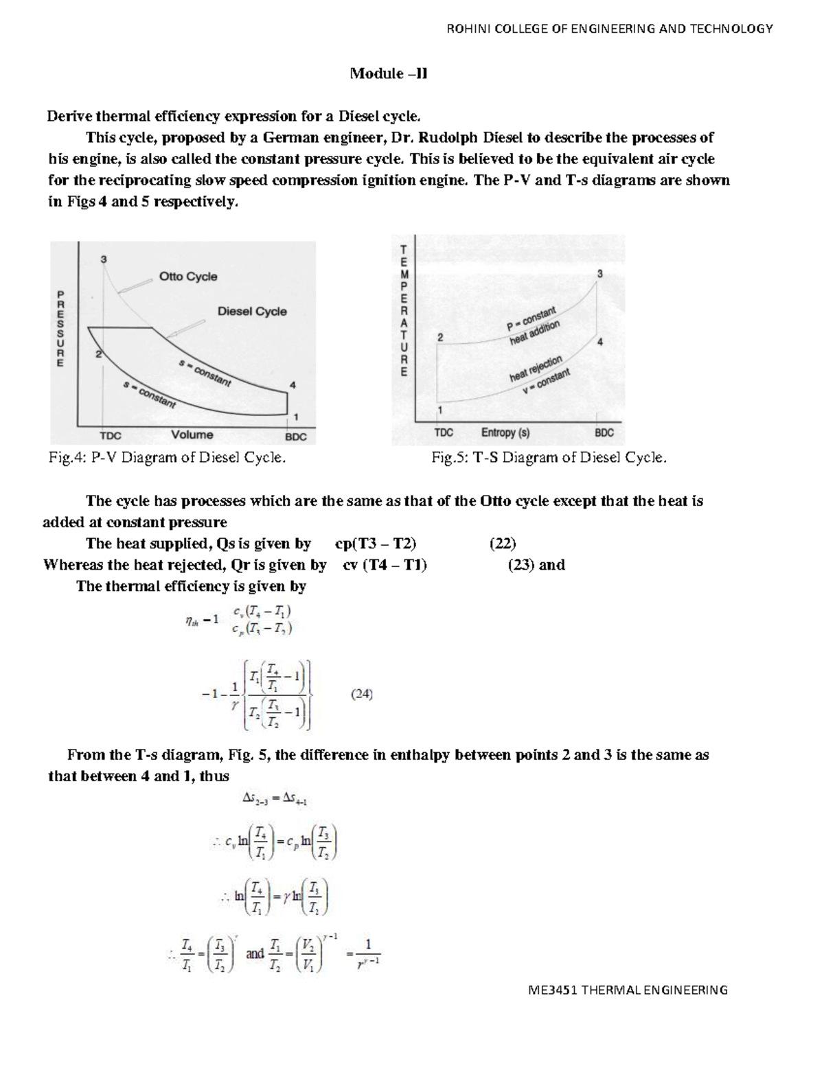 ME3451 THERMAL ENGINEERING Diesel Cycle: Detailed Notes and Efficiency ...