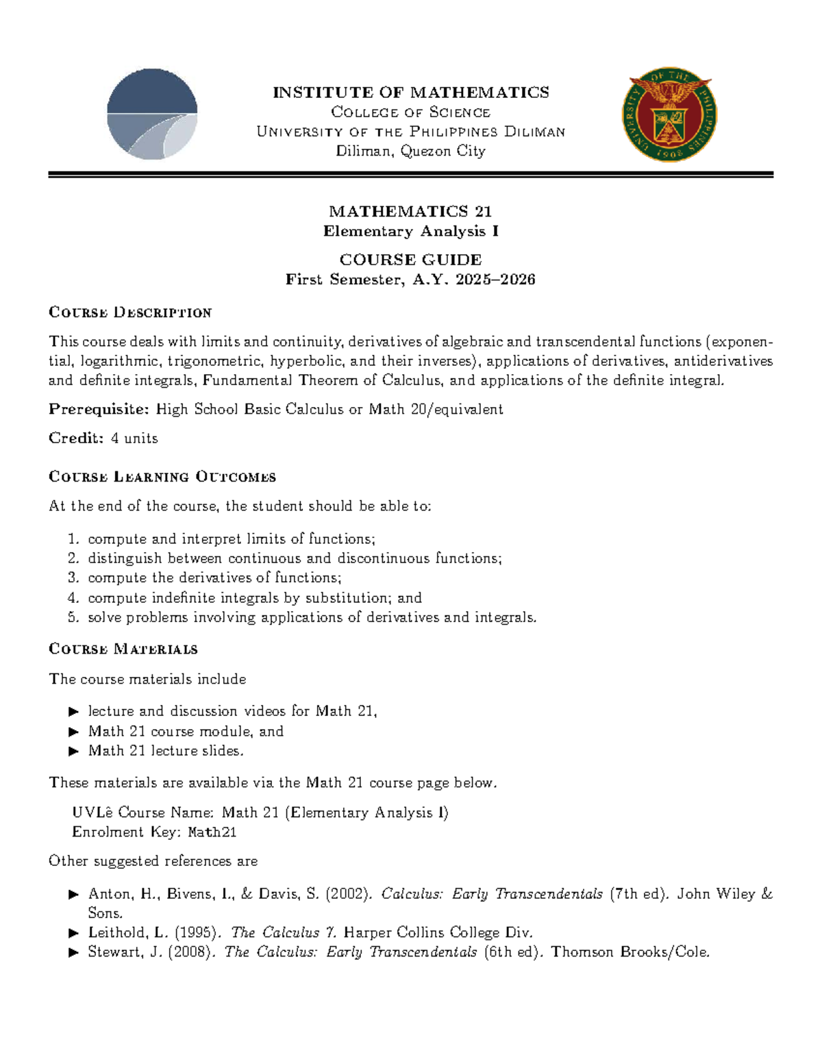 Math 21: Elementary Analysis I Course Guide and Syllabus - Studocu