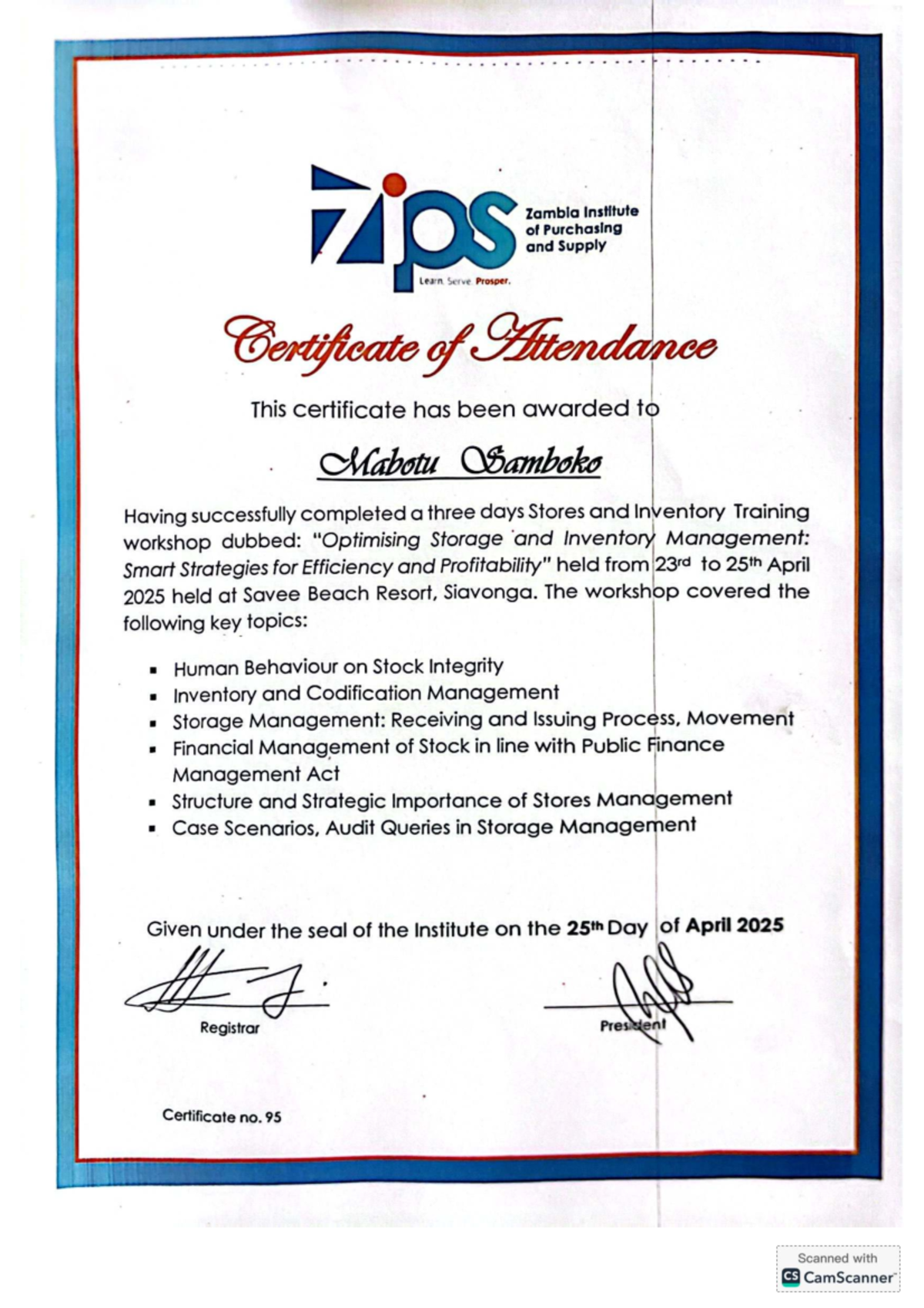 Certificate of Attendance: Stores & Inventory Training - ZIPS - Studocu
