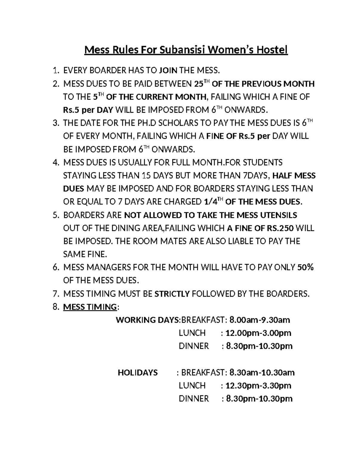 Mess Rules for Subansisi Women's Hostel: Guidelines & Dues - Studocu