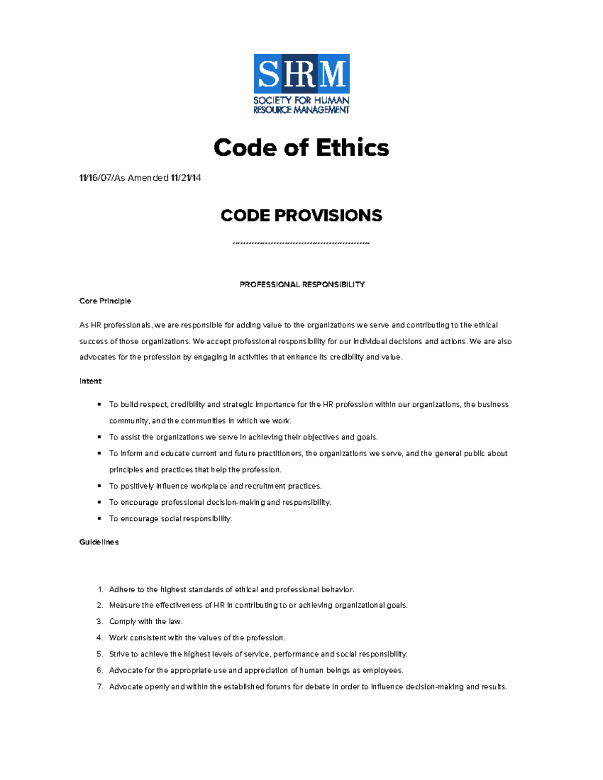SHRM Code of Ethics: Professional Responsibility & Guidelines - Studocu