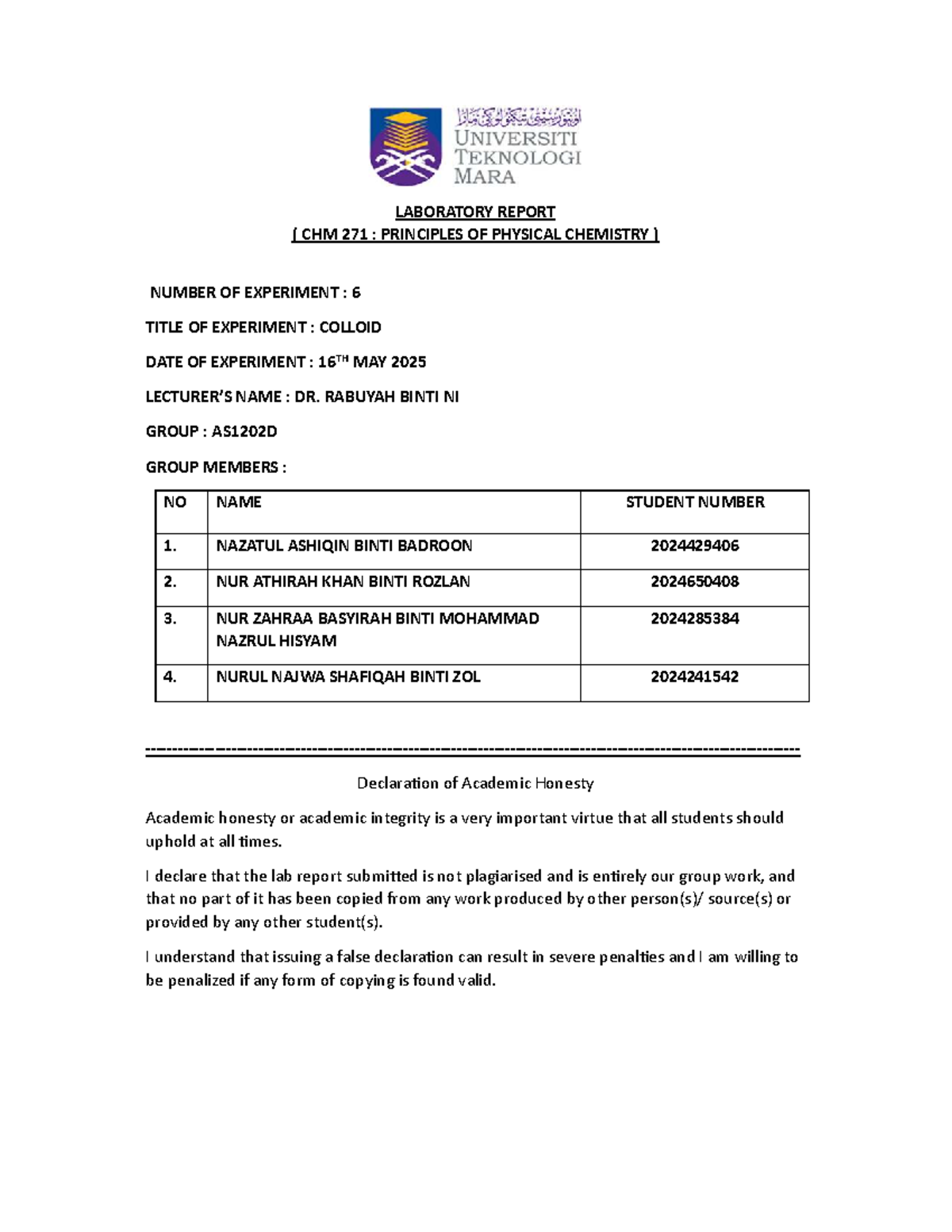 CHM 271 Laboratory Report: Experiment 6 on Colloids - Studocu