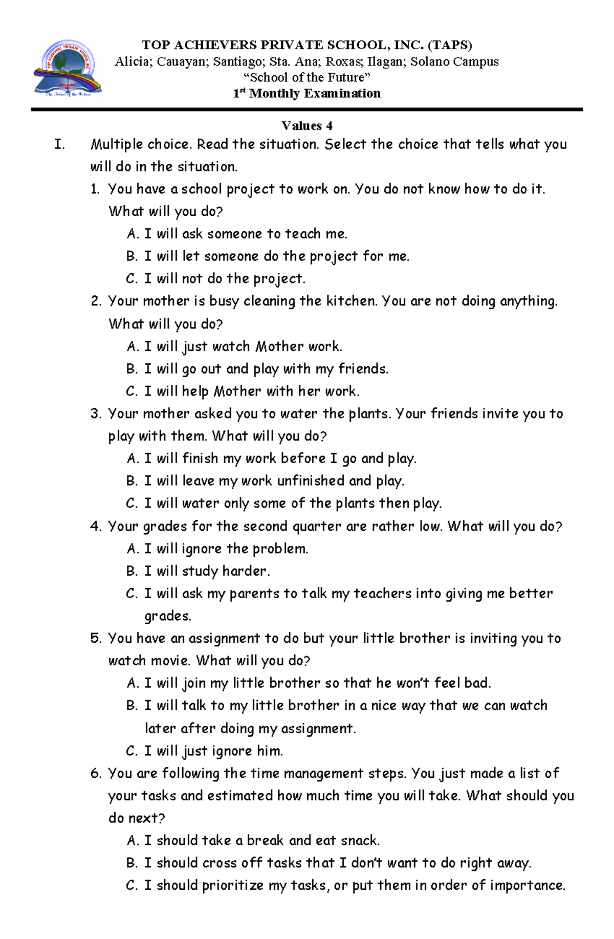 TAPS Values 4 - 1st Monthly Exam Review and Time Management Tips - Studocu