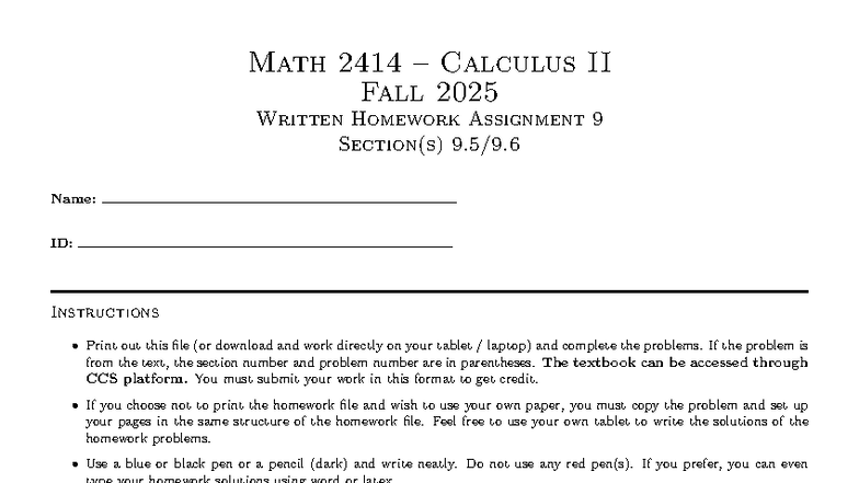 Math 2414 Calculus Ii Fall 2025 Written Homework Assignment 9 Studocu