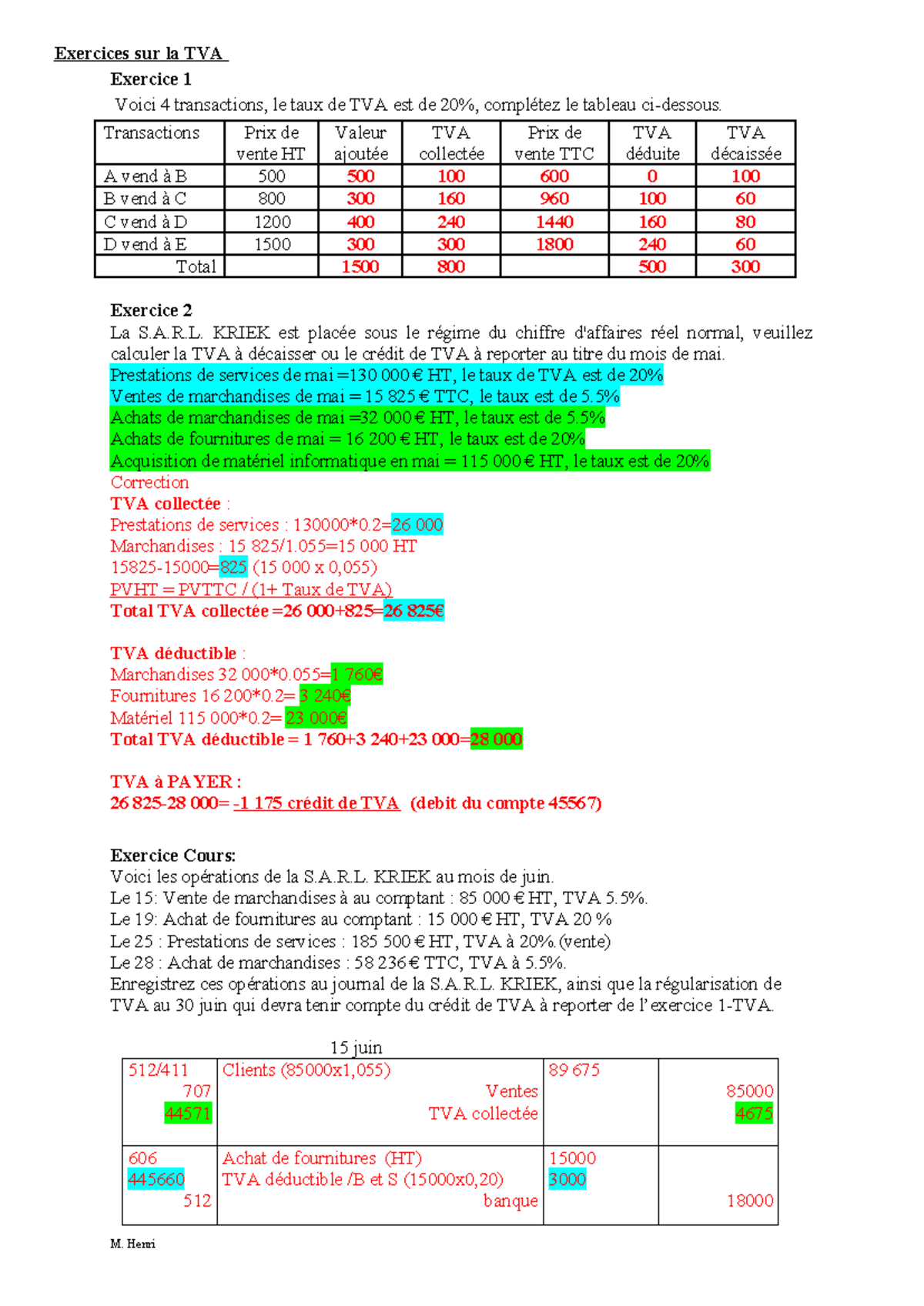 Correction des Exercices sur la TVA - Chapitre 3 (Janv 2021) - Studocu