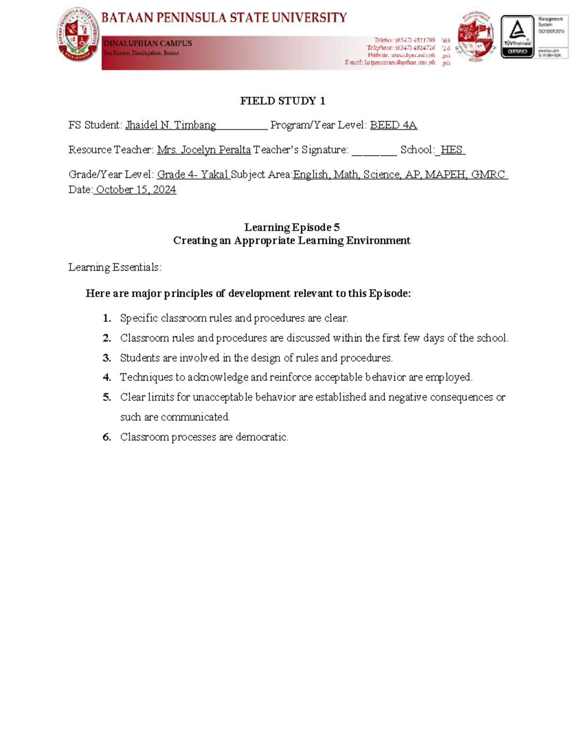 FIELD STUDY 1 FS: Learning Episode 5 - Creating a Positive Classroom ...