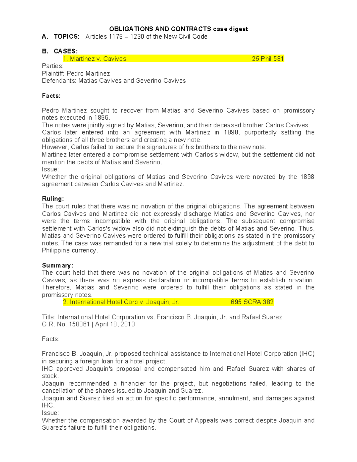 Oblicon - Case Digest for Assignment 2 (2024) on Obligations ...