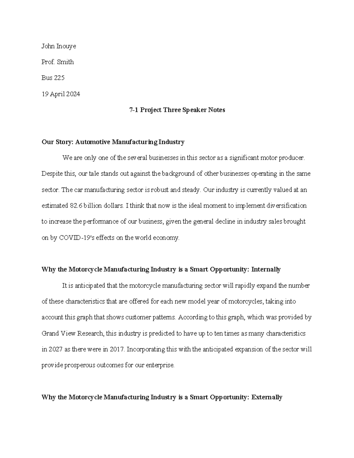 Bus 225 - Project 3 Speaker Notes: Motorcycle Manufacturing Insights ...