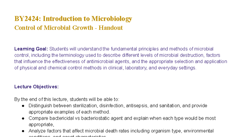 Control of Microbial Growth - BY2424 Microbiology Lecture Notes - Studocu