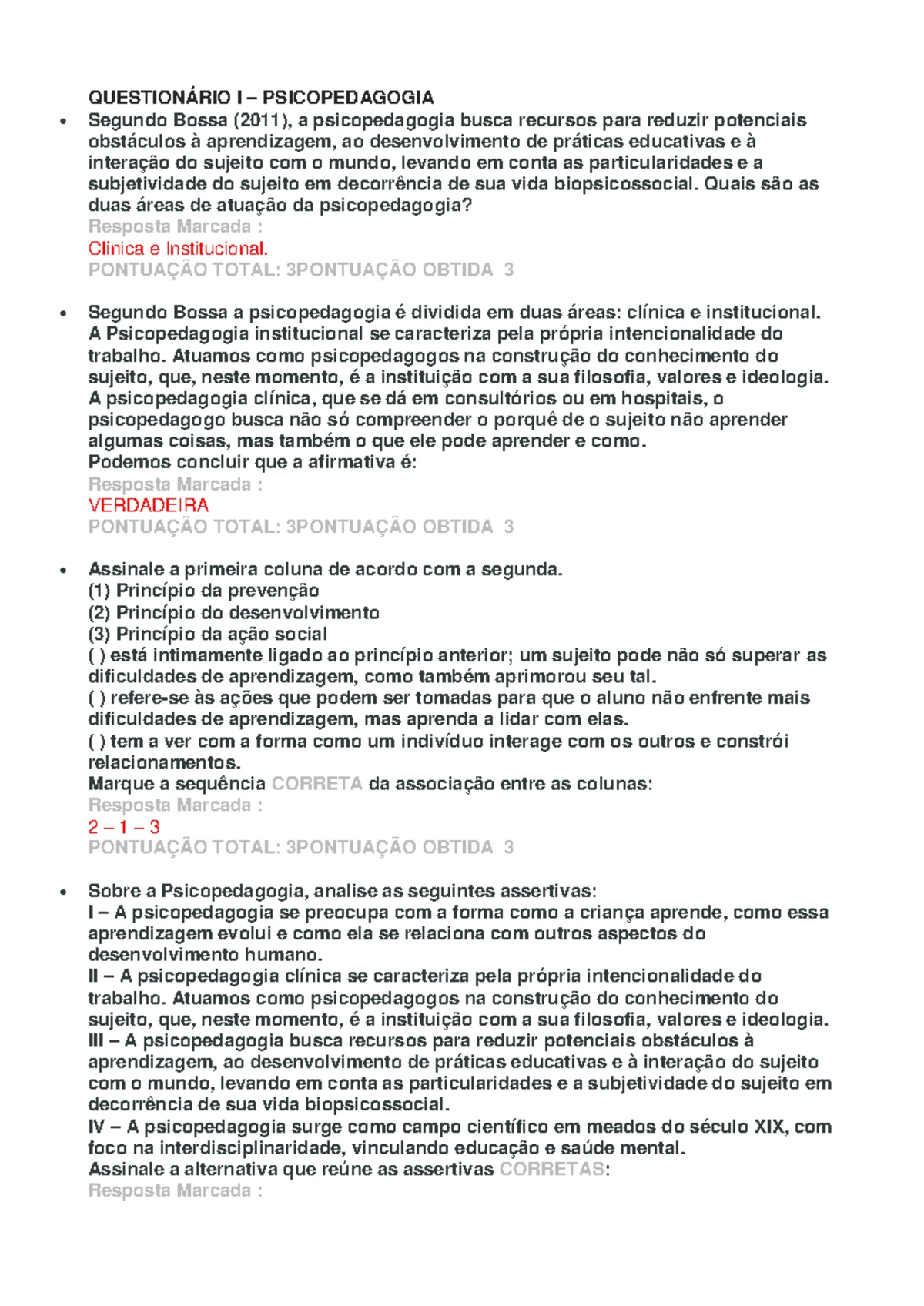 QuestionáRIO I – AvaliaçÃO DA Aprendizagem - QUESTIONÁRIO I – AVALIAÇÃO ...