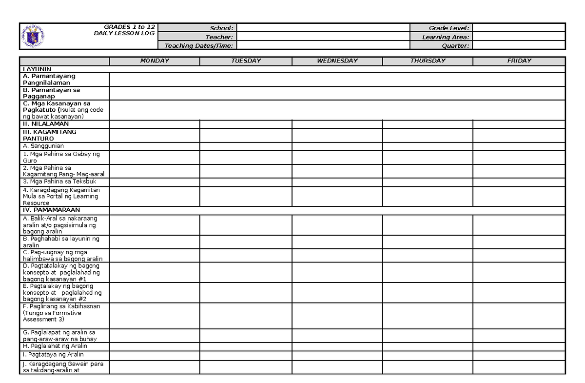 DLL Template FOR Filipino AP ESP EPP - GRADES 1 to 12 DAILY LESSON LOG ...
