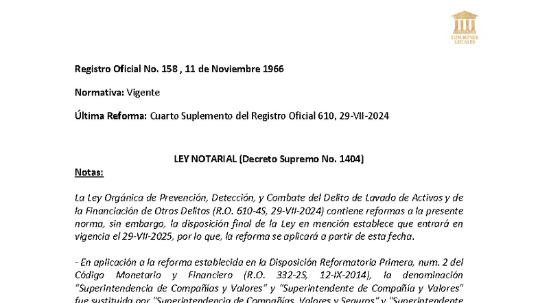 Ley Notarial de Ecuador: Registro Oficial No. 158 (1966) - Studocu