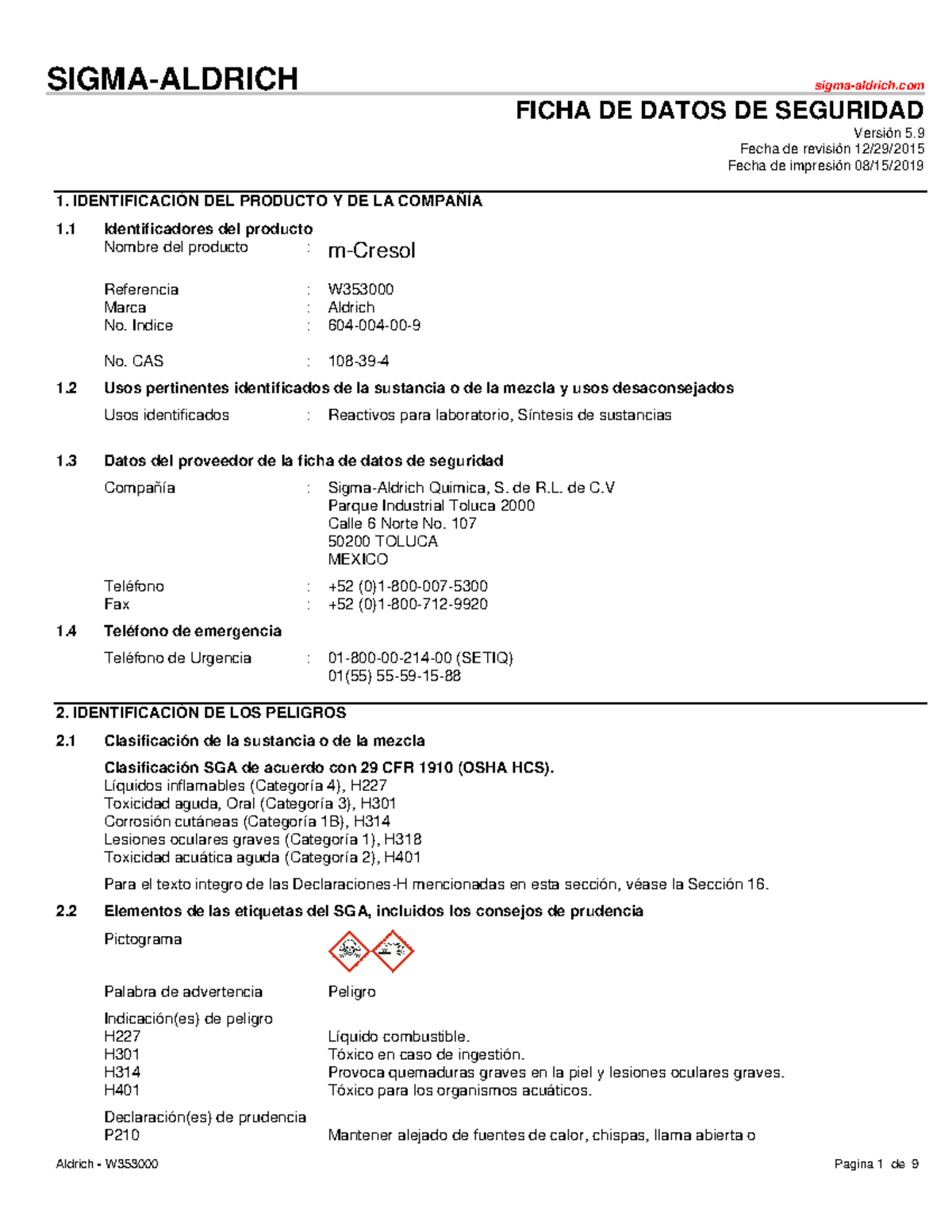 Metacresol - SIGMA-ALDRICH sigma-aldrich FICHA DE DATOS DE SEGURIDAD ...