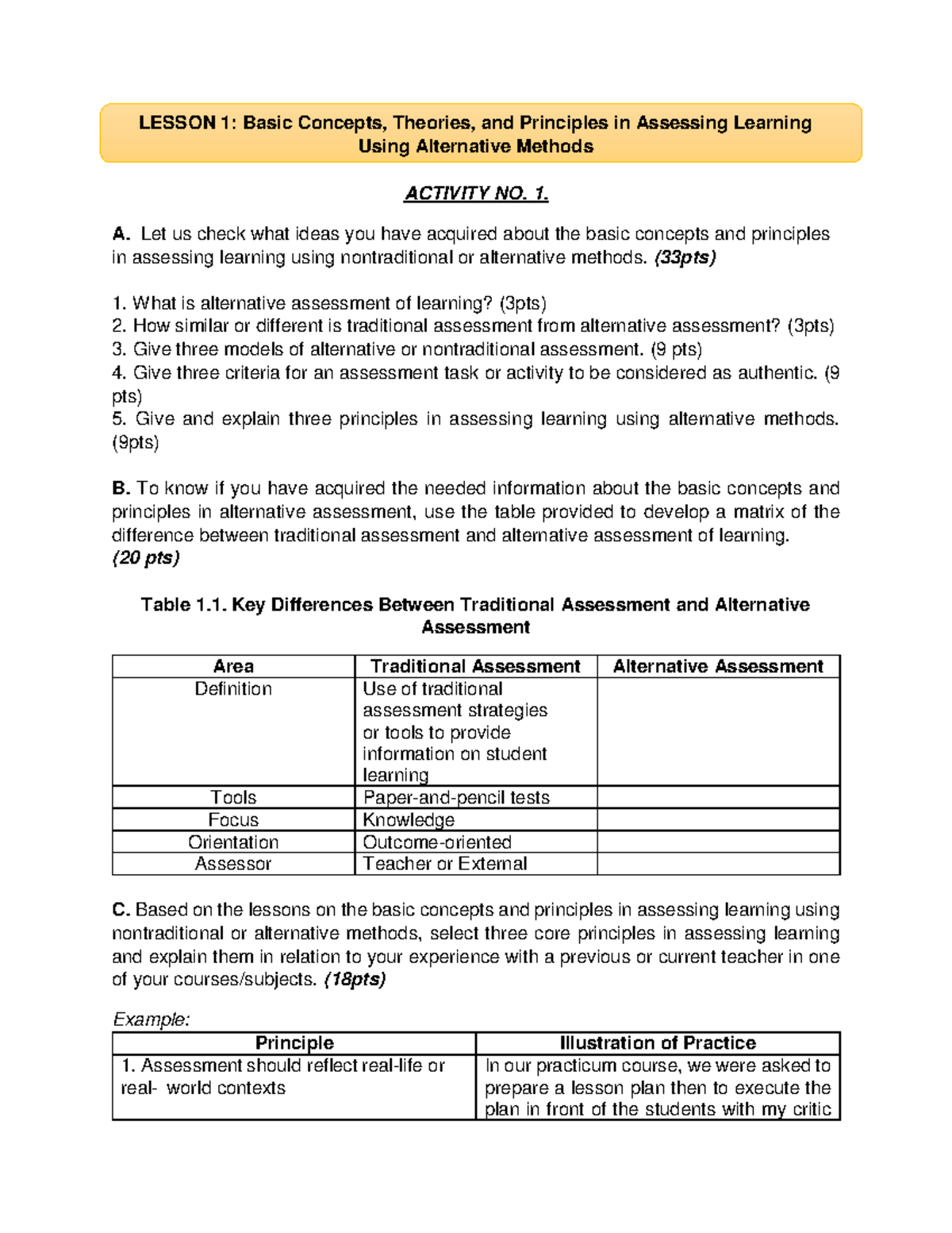 Lesson 1 - Activity No. 1 A to E - LESSON 1: Basic Concepts, Theories, and Principles in ...