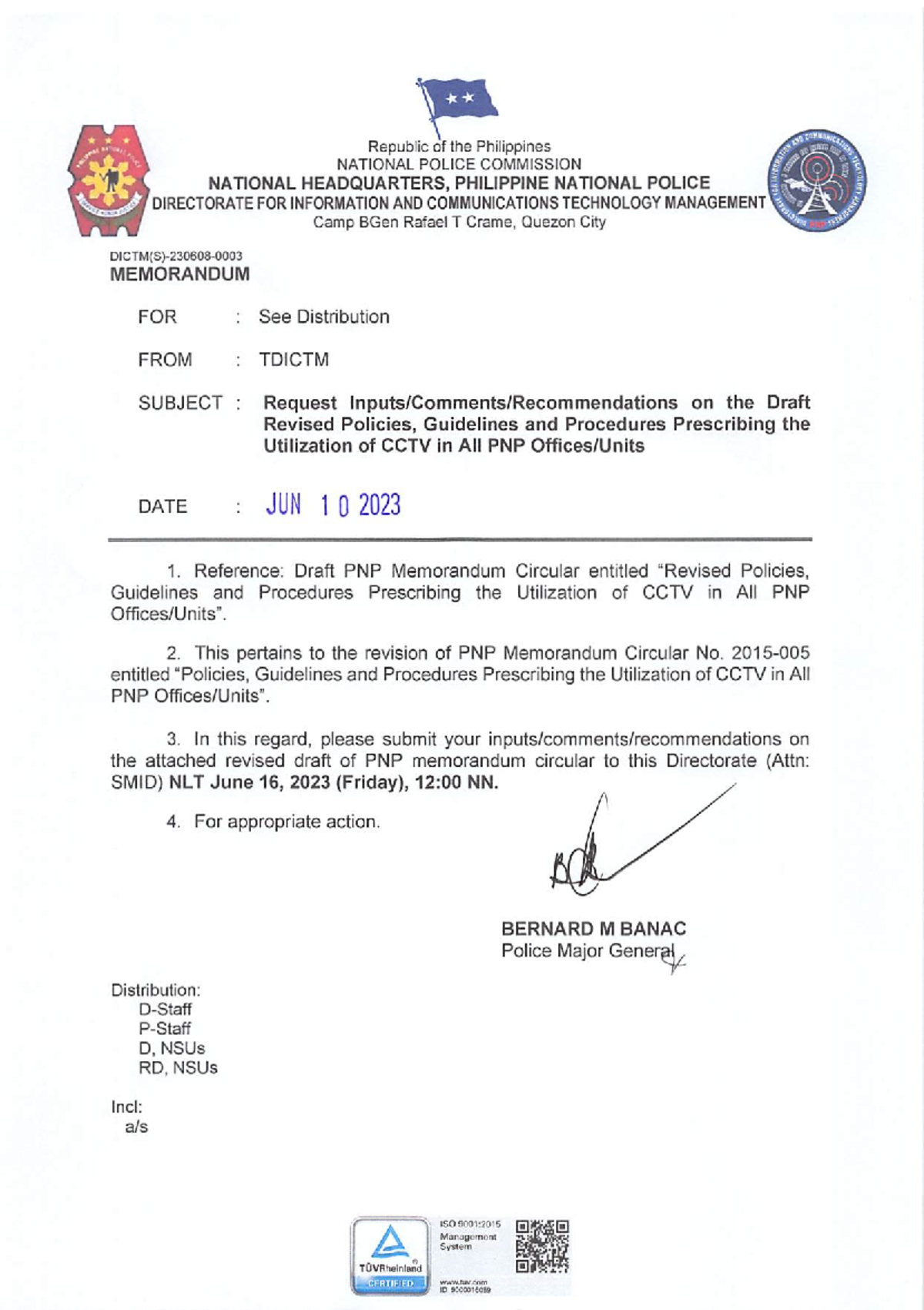 Inputs and Recommendations on Revised CCTV Policies for PNP (DICTM-S ...