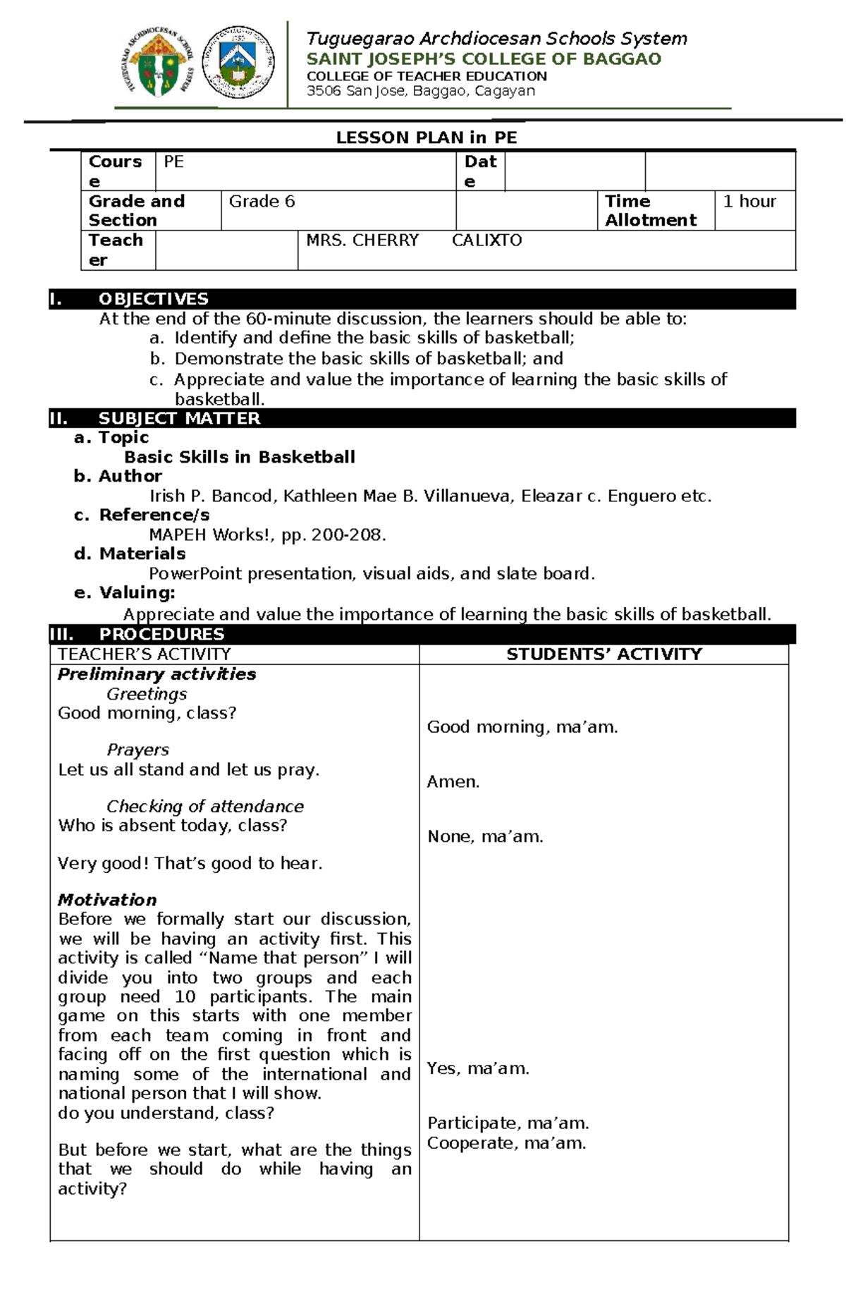 Lesson plan in PE for grade 6: Basic skills in basketball - Studocu