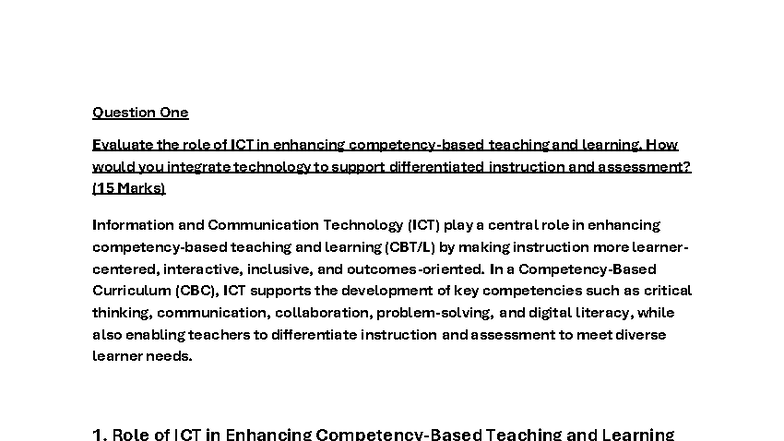 CAT ONE AND TWO - BEM1108: The Role of ICT in Teaching & Learning - Studocu