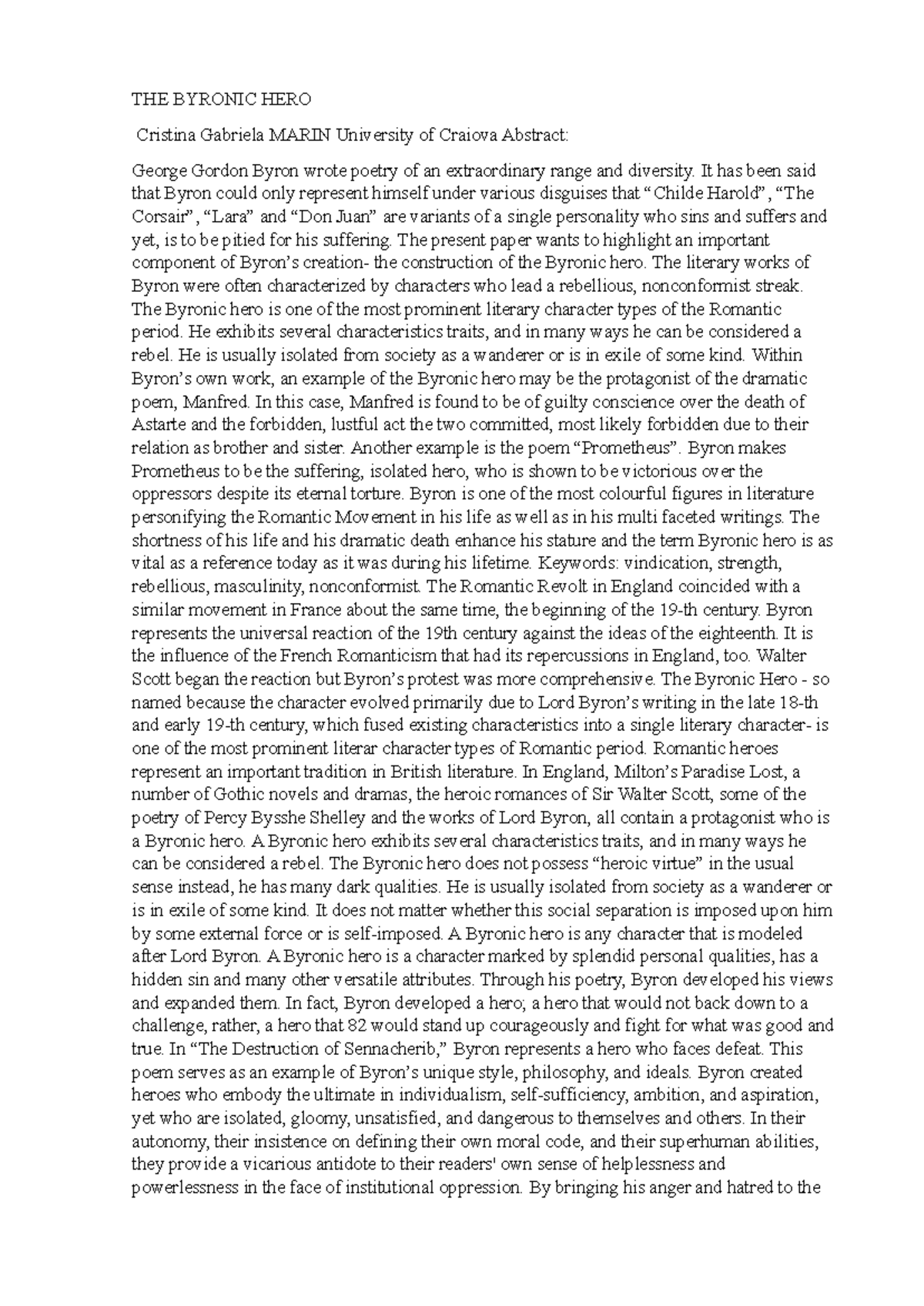 The Byronic Hero: An Analysis of Lord Byron's Literary Influence - Studocu