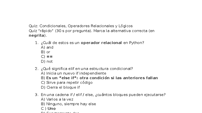 Quiz: Condicionales y Operadores Lógicos - Python (Semana 3) - Studocu