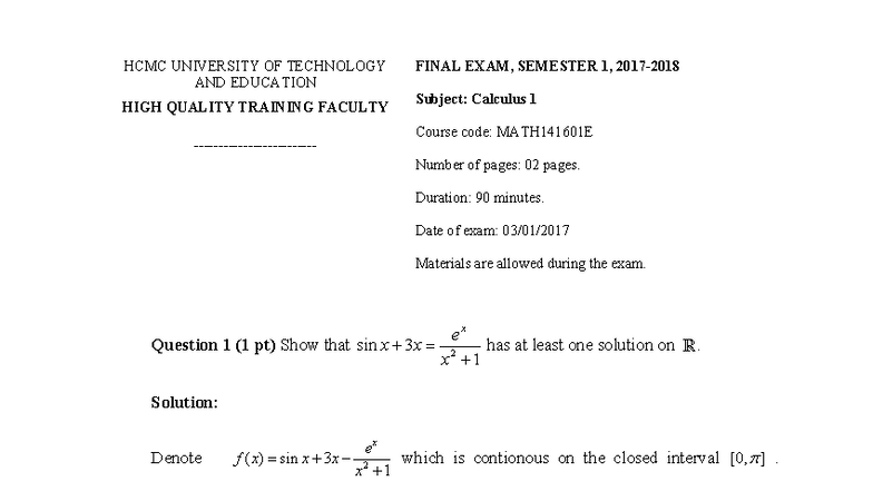 MATH141601E Calculus 1 Final Exam - Semester 1 Solutions - Studocu