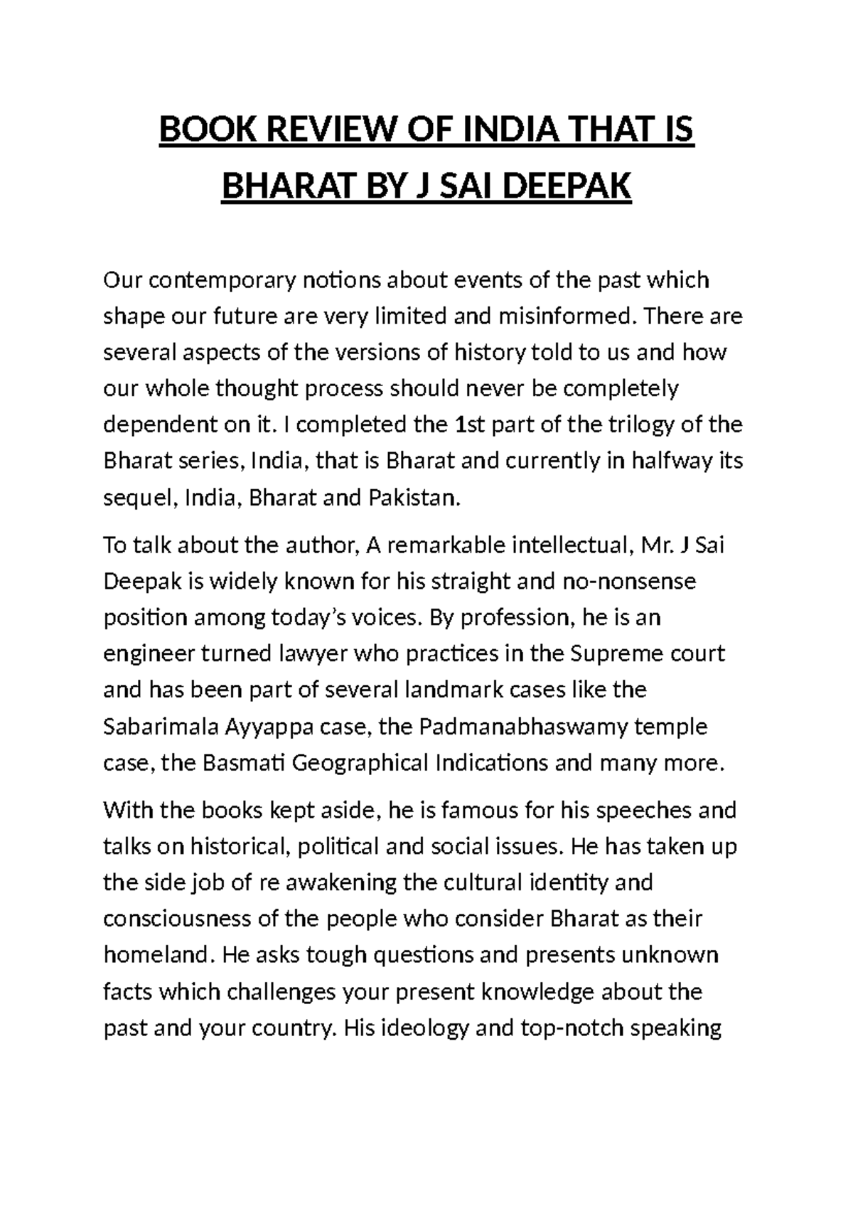 BOOK REVIEW: India That is Bharat by J. Sai Deepak - Studocu