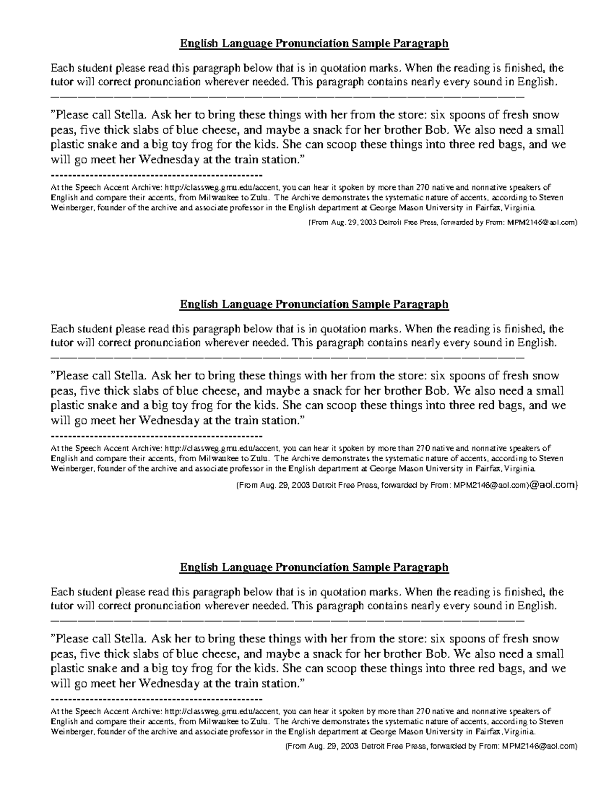 ENG 101: English Language Pronunciation Sample Paragraph for Practice ...