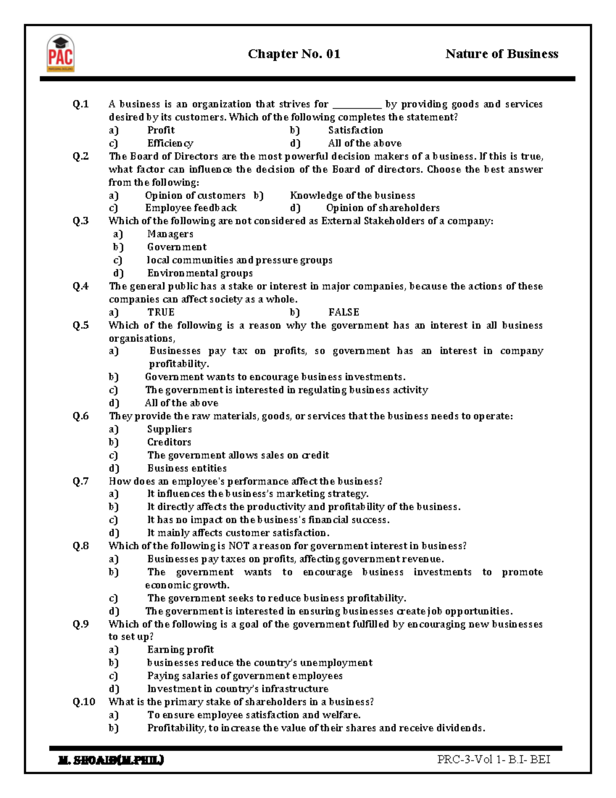 Chapter 01 (BEI) - Nature of Business Practice Questions and Answers ...