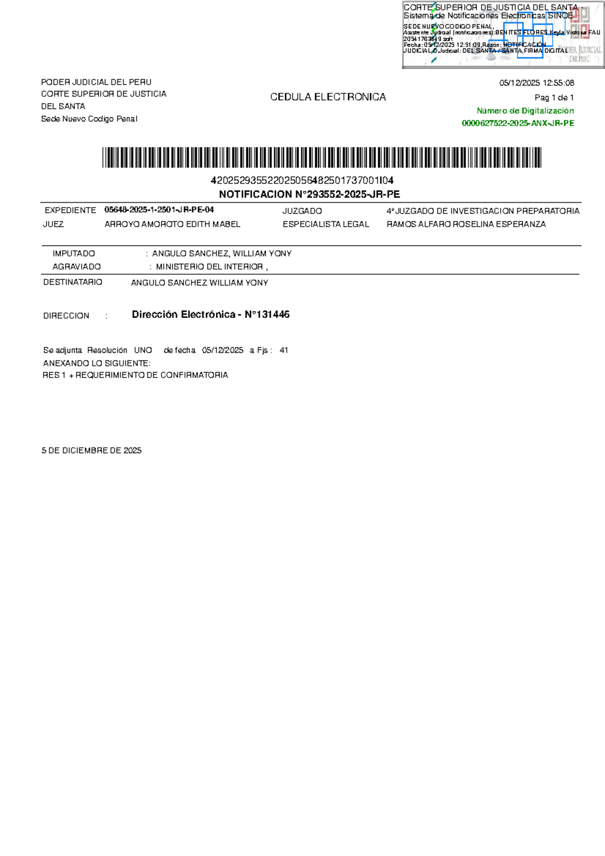 Notificación Judicial y Resolución N° 293552-2025-JR-PE - Exp. 05648 ...