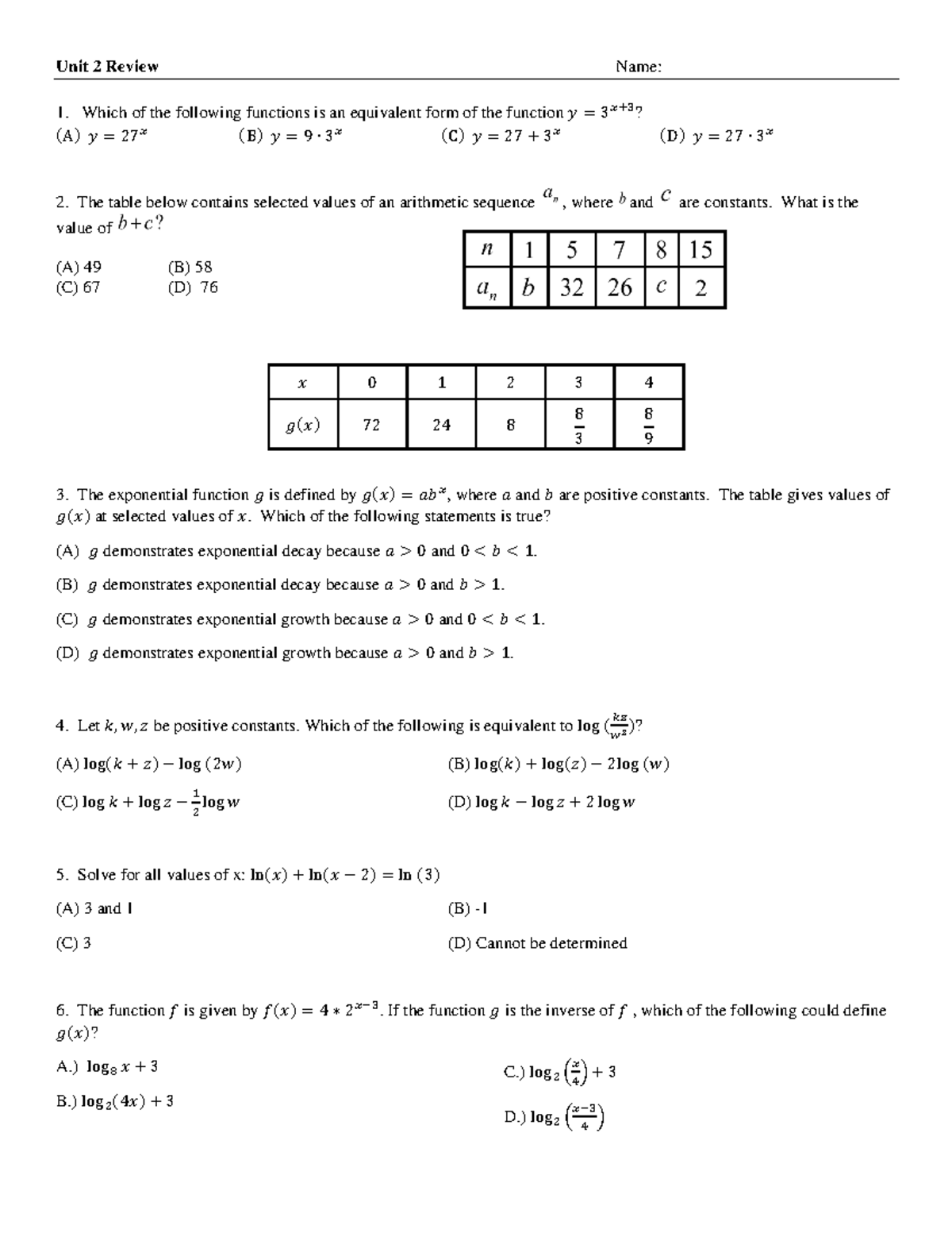 Unit 2 Review-1: Key Concepts and Practice Problems for Test Prep - Studocu