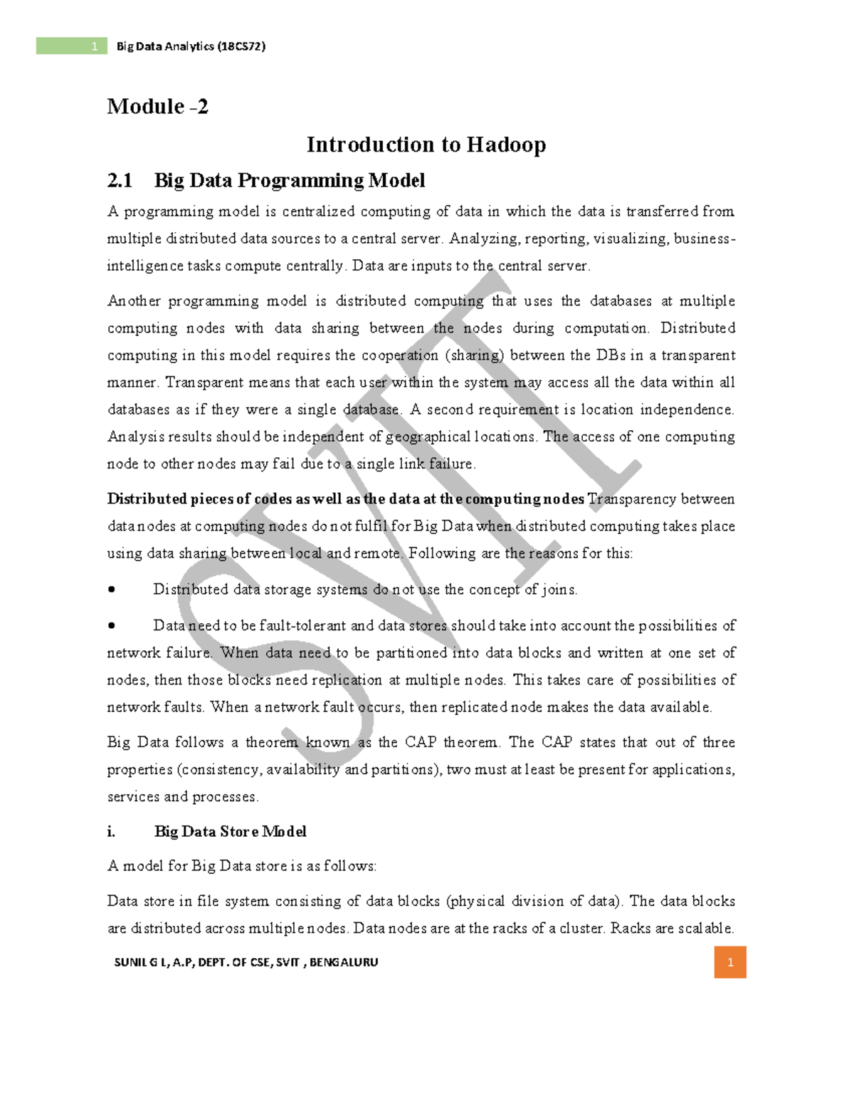 02. BDA (18CS72) Module-2 - SUNIL G L, A, DEPT. OF CSE, SVIT , BENGALURU 1 1 Big Data Analytics ...