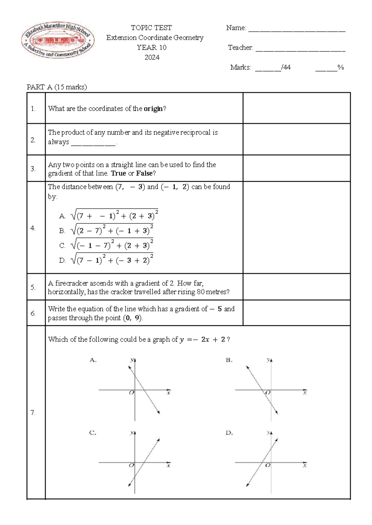 Year 10 XT Coordinate Geometry TT - 2024 - TOPIC TEST Name ...
