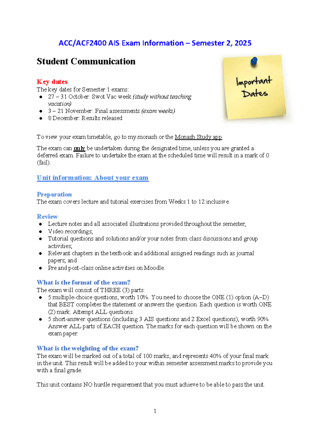 AIS Exam FAQs and Key Information for Semester 2, 2025 - Studocu