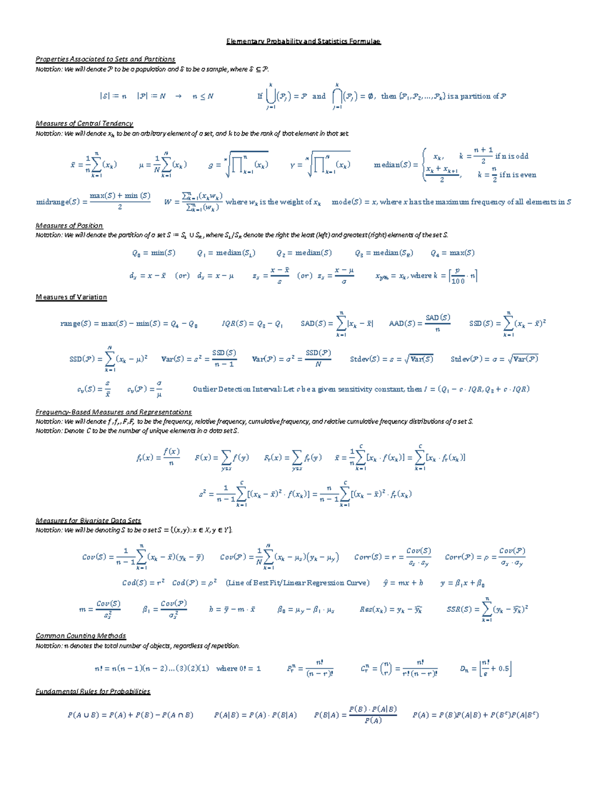 MA115 Final Exam Formula Sheet for Probability & Statistics - Studocu