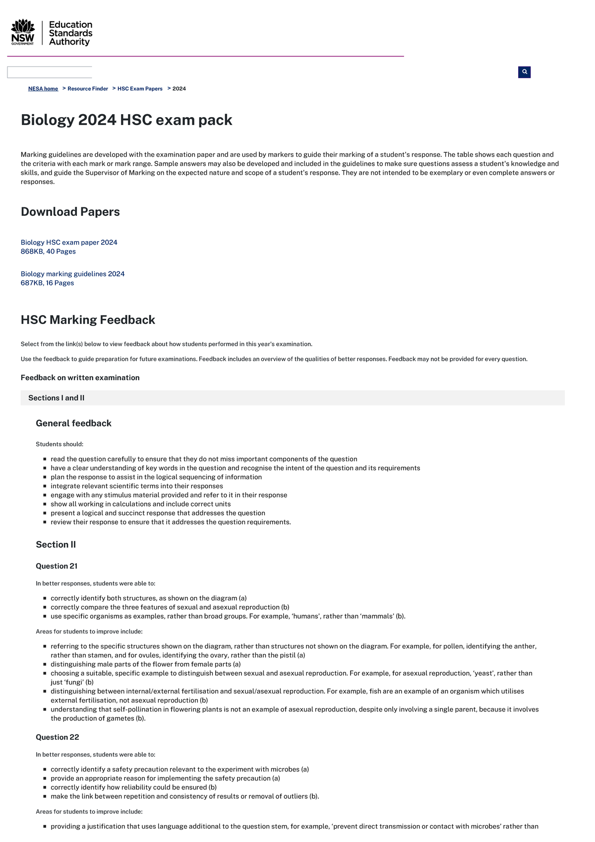 Biology 2024 HSC Exam Papers & Marking Guidelines Overview - Studocu