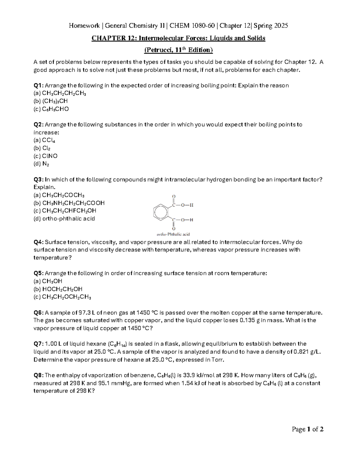 General Chemistry II | CHEM 1080-60 | Homework: Chapter 12 Problems ...