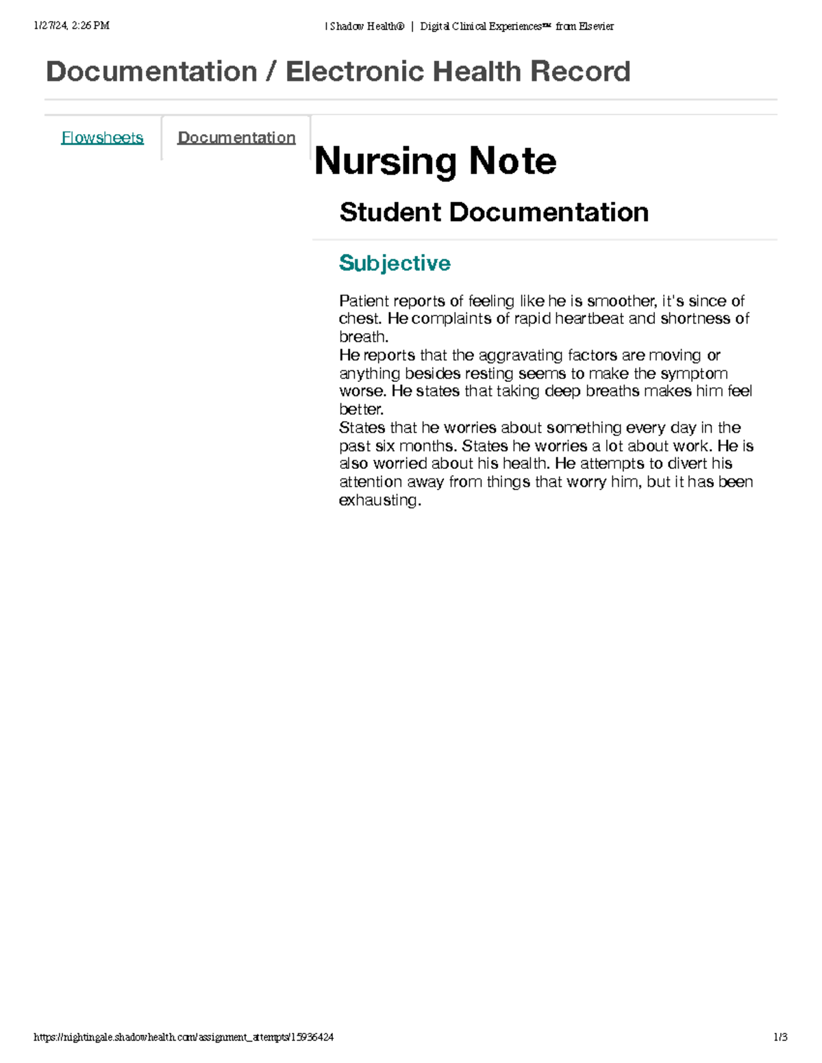 Anxiety Assessment Documentation - Shadow Health Overview - Studocu
