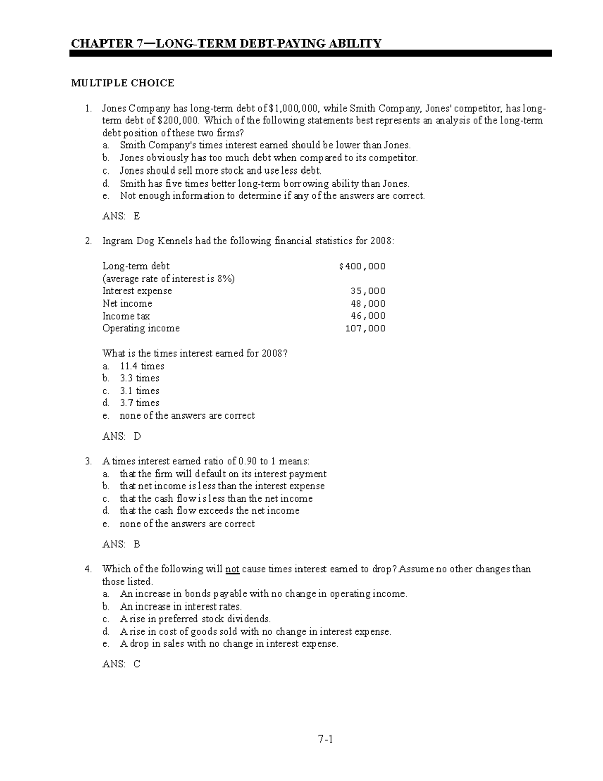 Test Bank - Chapter 7: Long-Term Debt-Paying Ability Analysis - Studocu