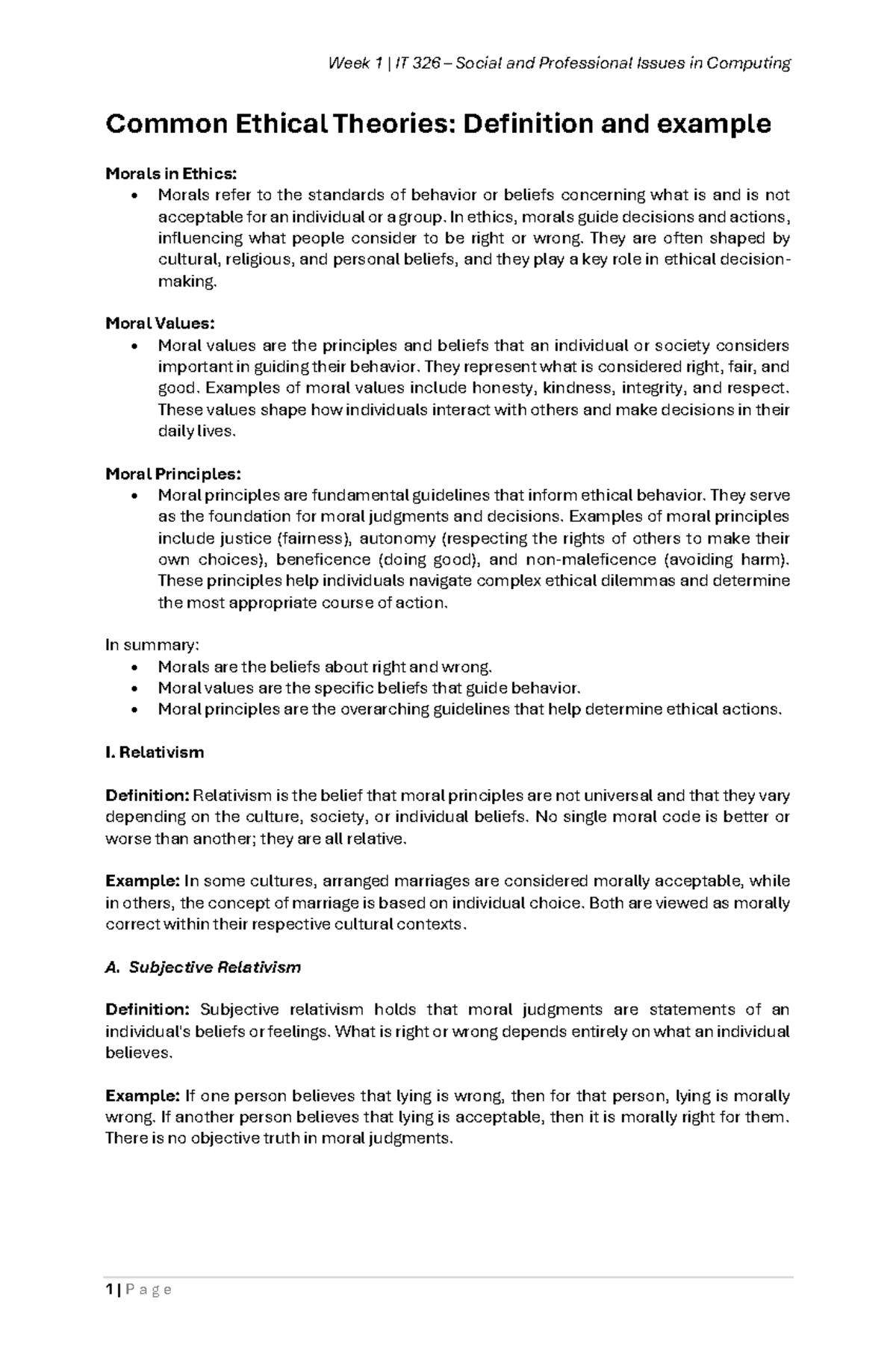 WK-1-Common Ethical Theories in IT 326 – Social Issues in Computing ...