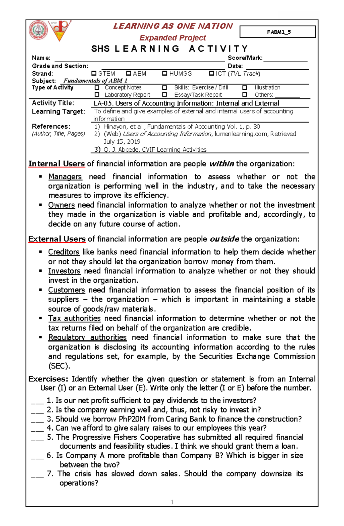 FABM1_5 Expanded Project: Users of Accounting Info - Internal ...