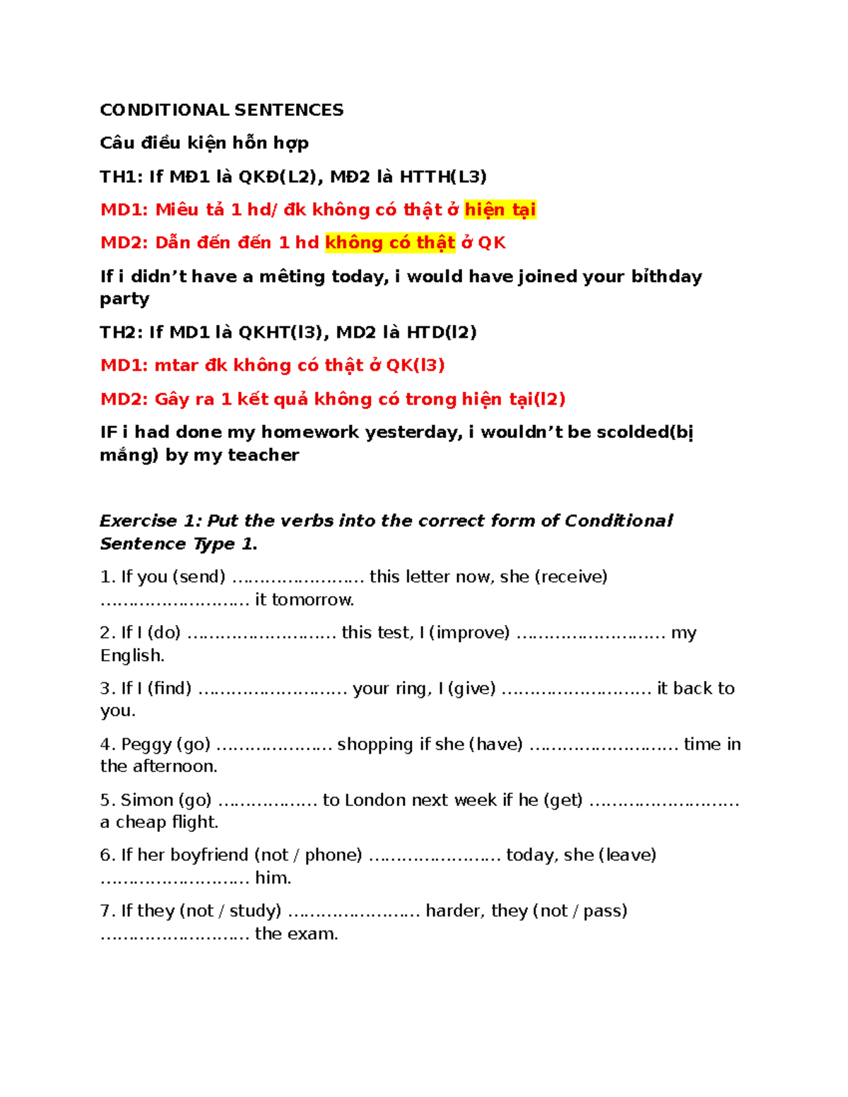Conditional Sentences: Types 1, 2, and 3 Exercises (ENG 101) - Studocu