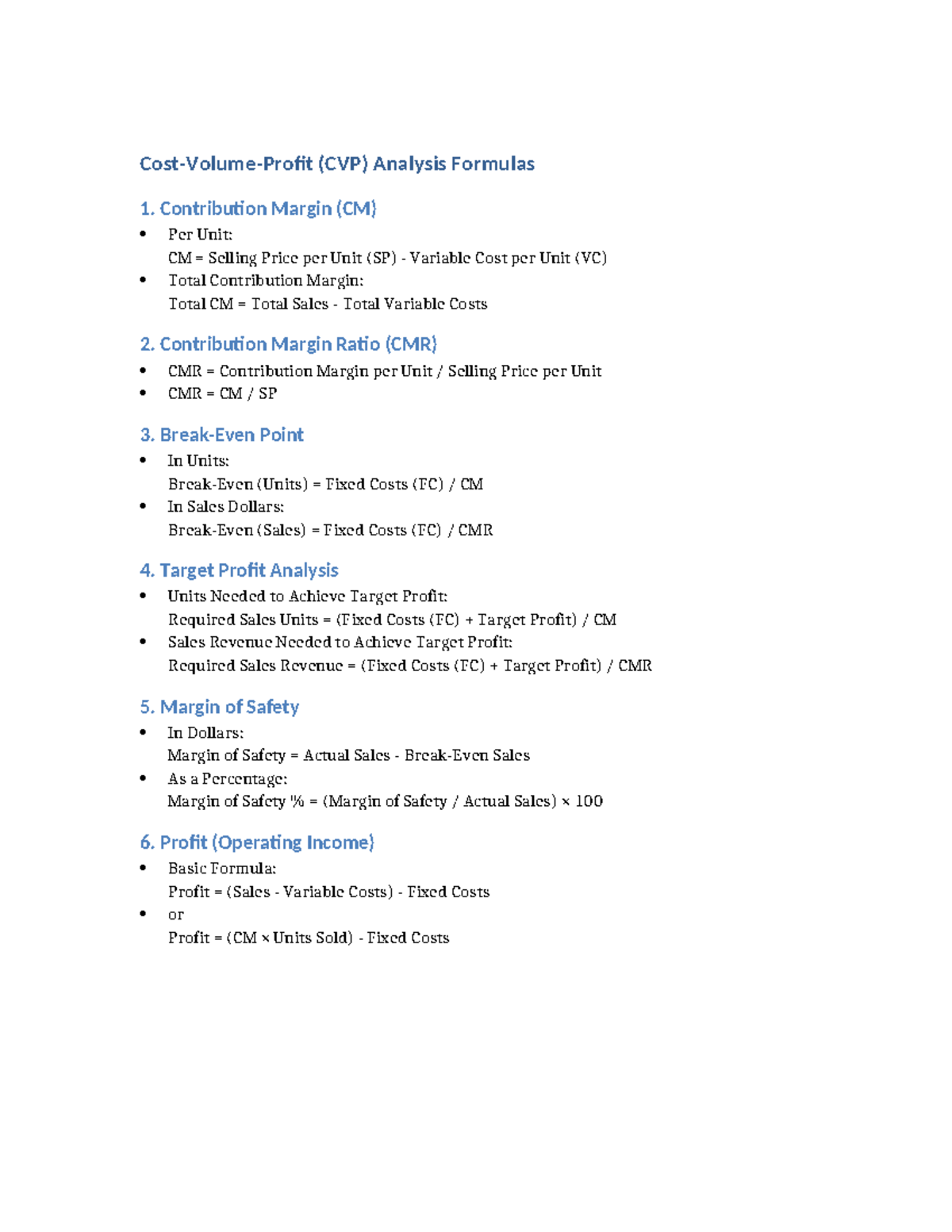 CVP Analysis Formulas - Formula - Cost-Volume-Profit (CVP) Analysis ...